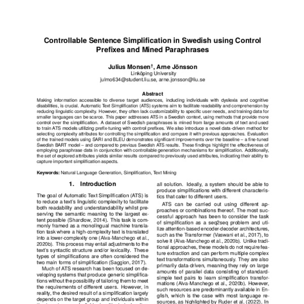 Controllable Sentence Simplification in Swedish Using Control Prefixes and Mined Paraphrases ...