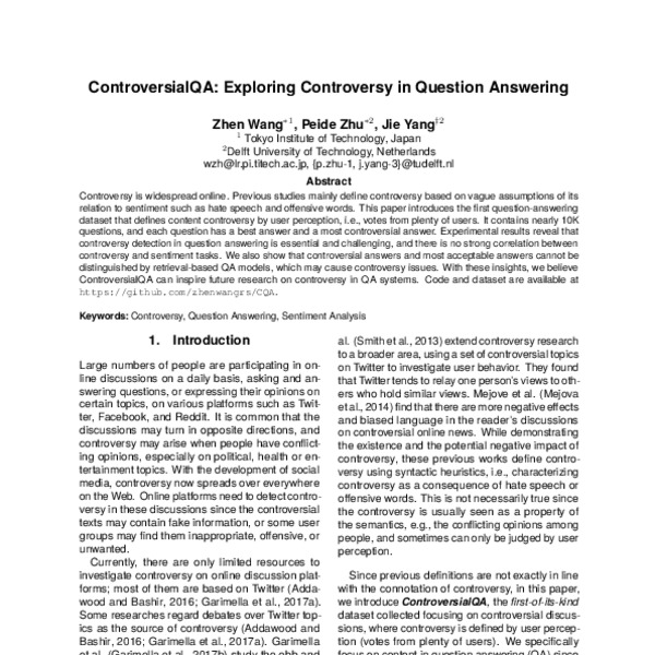 ControversialQA: Exploring Controversy in Question Answering - ACL ...