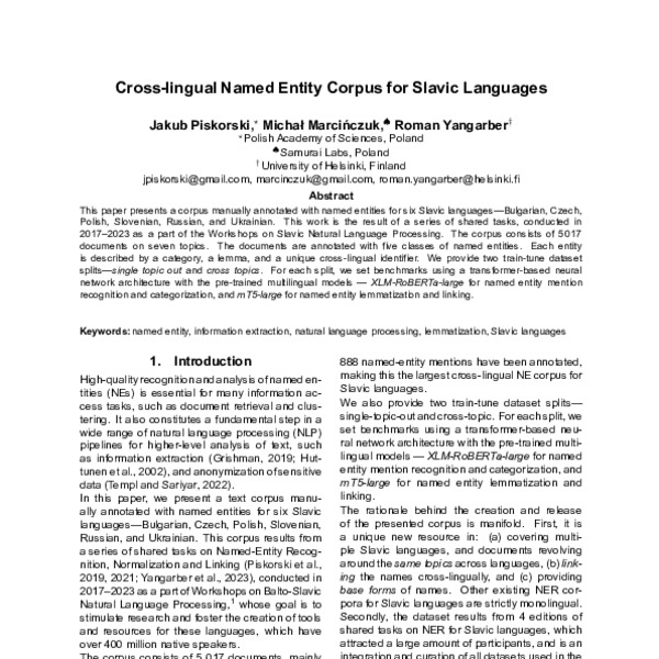 Cross-lingual Named Entity Corpus for Slavic Languages - ACL Anthology