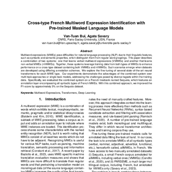 Cross-type French Multiword Expression Identification with Pre-trained Masked Language Models ...