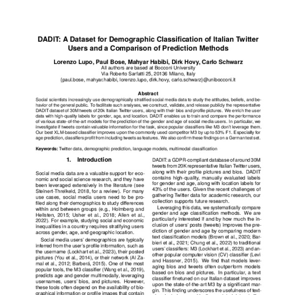 DADIT: A Dataset for Demographic Classification of Italian Twitter Users and a Comparison of ...