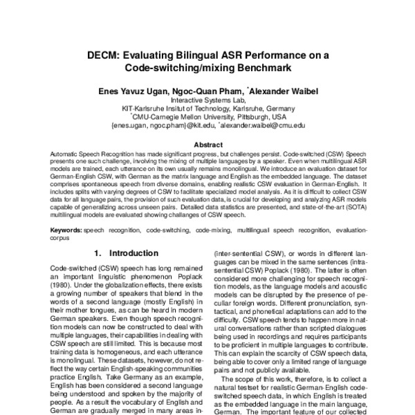 DECM: Evaluating Bilingual ASR Performance on a Code-switching/mixing Benchmark - ACL Anthology