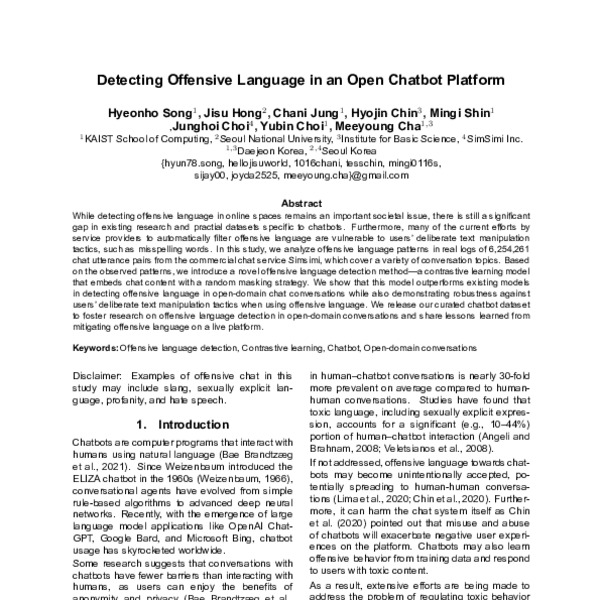 Detecting Offensive Language in an Open Chatbot Platform - ACL Anthology