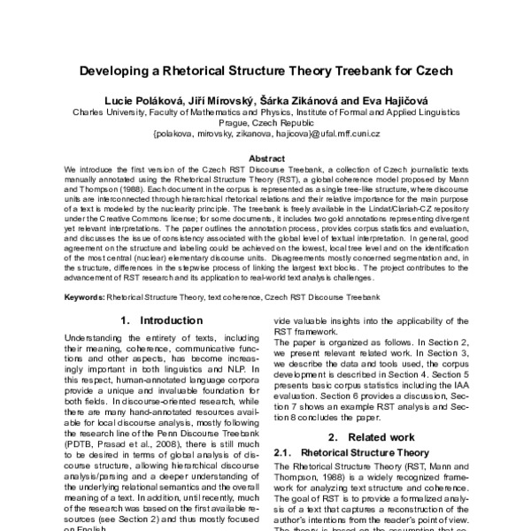 Developing a Rhetorical Structure Theory Treebank for Czech - ACL Anthology