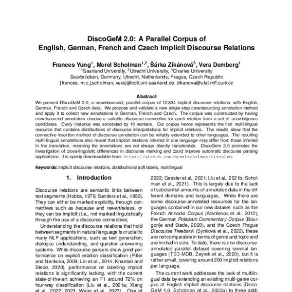 DiscoGeM 2.0: A Parallel Corpus of English, German, French and Czech Implicit Discourse ...