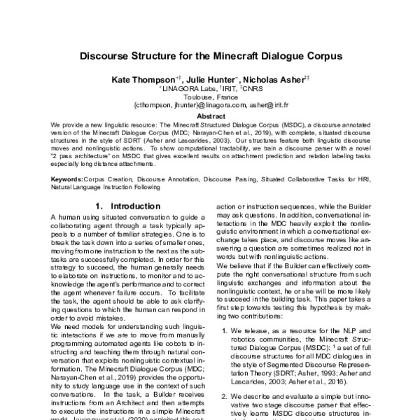Discourse Structure for the Minecraft Corpus - ACL Anthology
