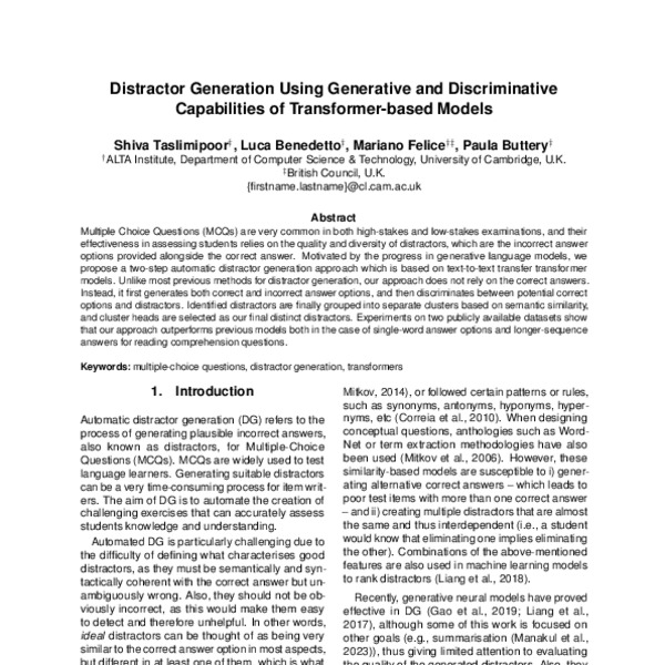 Distractor Generation Using Generative and Discriminative Capabilities of Transformer-based ...