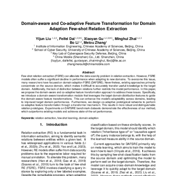 Domain Aware And Co Adaptive Feature Transformation For Domain Adaption Few Shot Relation