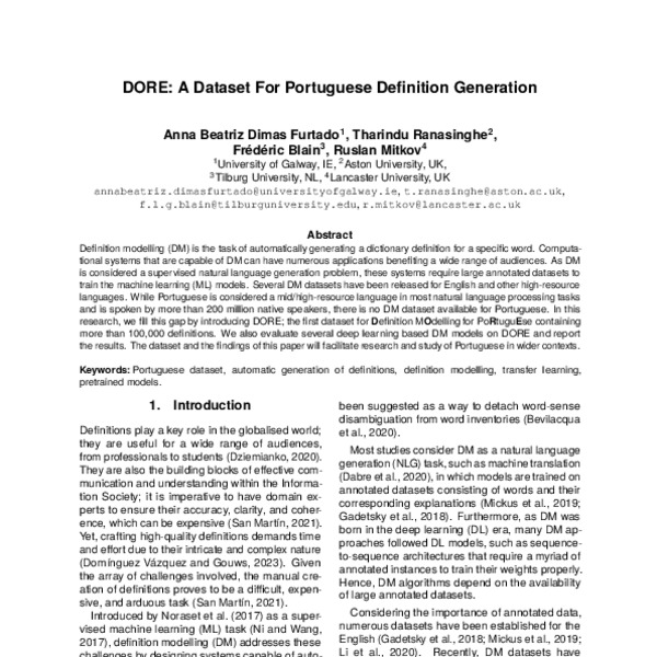 DORE: A Dataset for Portuguese Definition Generation - ACL Anthology