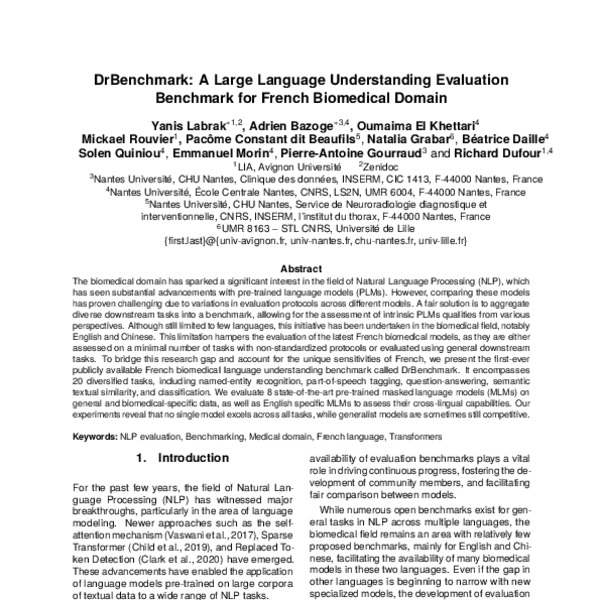 DrBenchmark: A Large Language Understanding Evaluation Benchmark for French Biomedical Domain ...