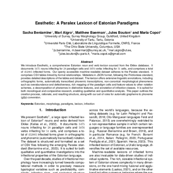 Eesthetic: A Paralex Lexicon of Estonian Paradigms - ACL Anthology