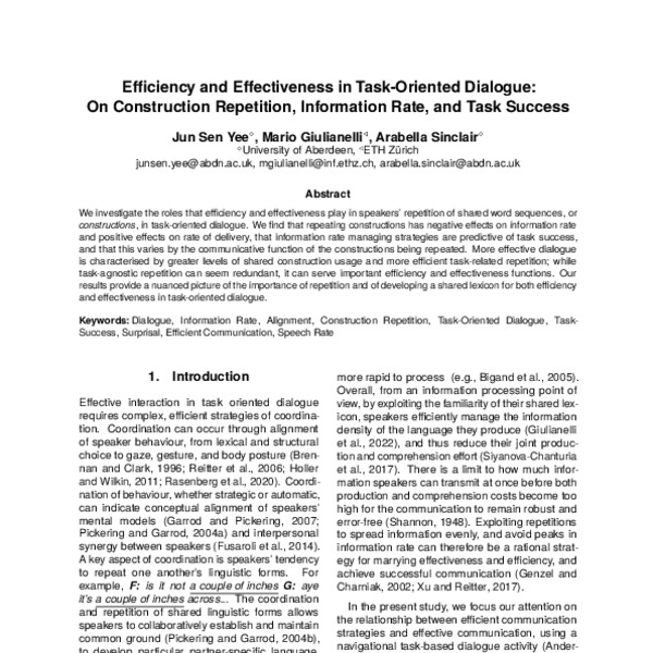 Efficiency and Effectiveness in Task-Oriented Dialogue: On Construction Repetition, Information ...