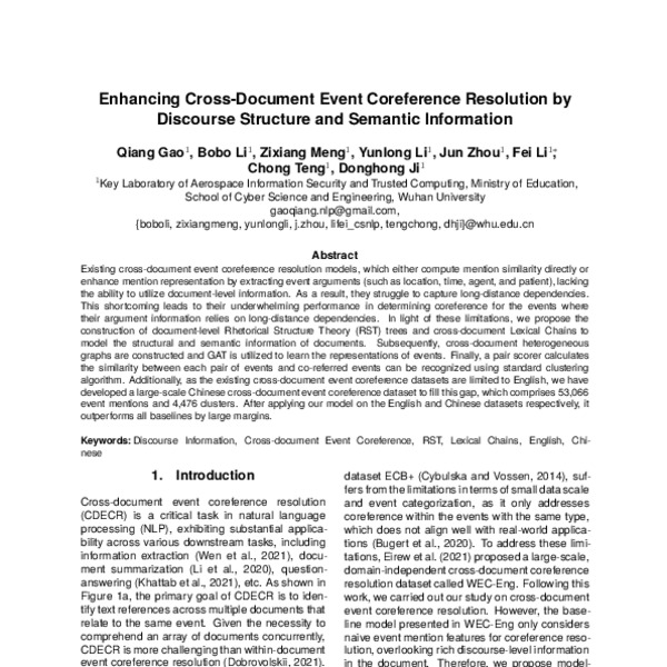 Enhancing Cross Document Event Coreference Resolution By Discourse Structure And Semantic