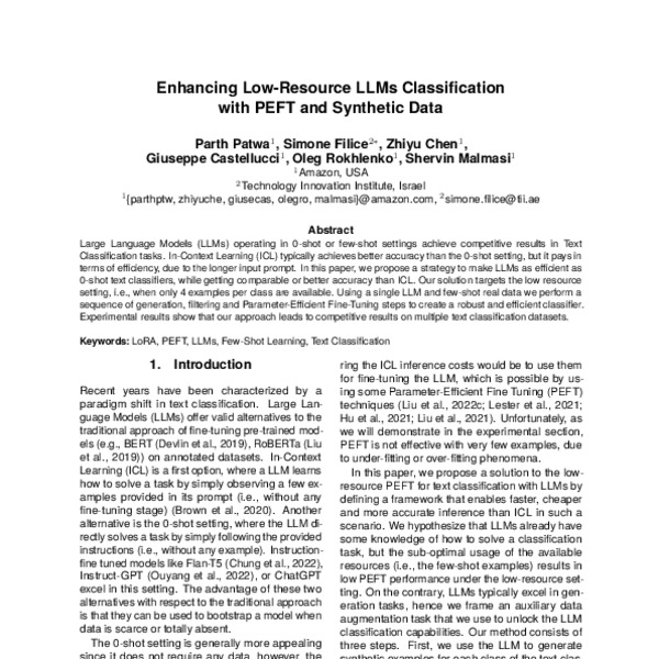 Enhancing Low-Resource LLMs Classification with PEFT and Synthetic Data - ACL Anthology