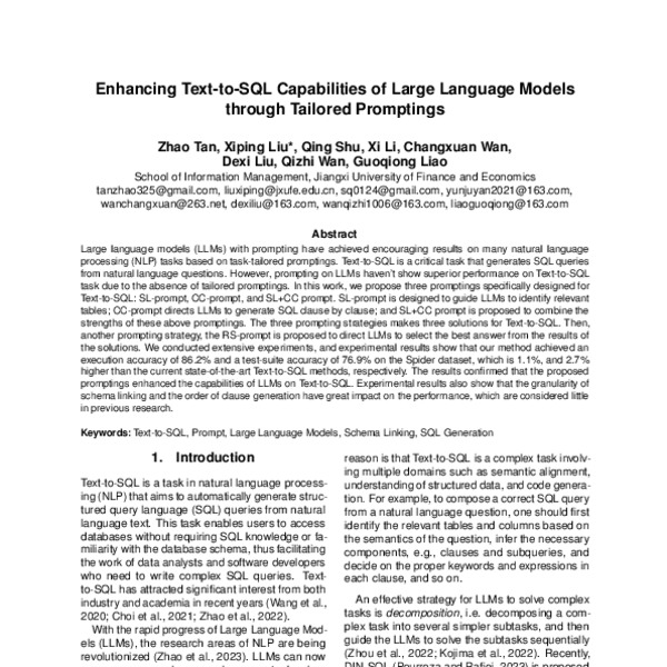 Enhancing Text To Sql Capabilities Of Large Language Models Through Tailored Promptings Acl