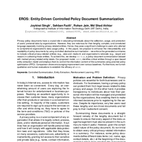 EROS:Entity-Driven Controlled Policy Document Summarization - ACL Anthology