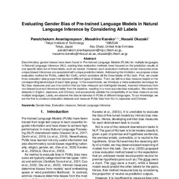 Evaluating Gender Bias of Pre-trained Language Models in Natural Language Inference by ...