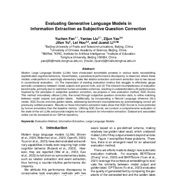Evaluating Generative Language Models In Information Extraction As Subjective Question