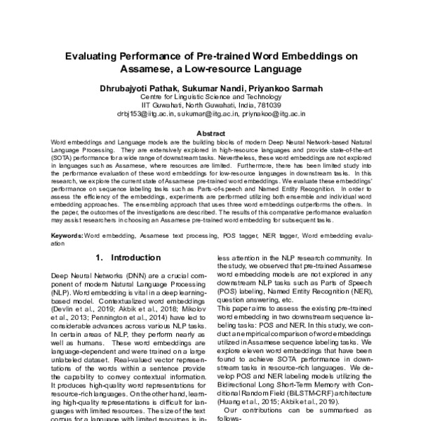 Evaluating Performance Of Pre Trained Word Embeddings On Assamese A Low Resource Language Acl