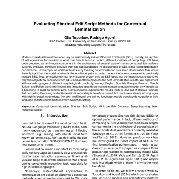 Evaluating Shortest Edit Script Methods for Contextual Lemmatization ...