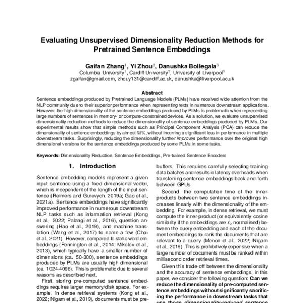 Evaluating Unsupervised Dimensionality Reduction Methods for Pretrained Sentence Embeddings ...