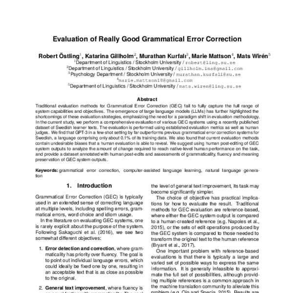 Evaluation of Really Good Grammatical Error Correction - ACL Anthology