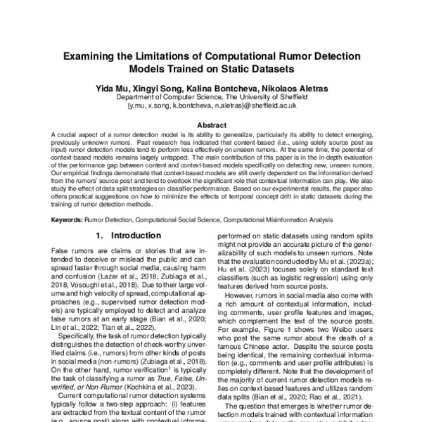 Examining the Limitations of Computational Rumor Detection Models Trained on Static Datasets ...