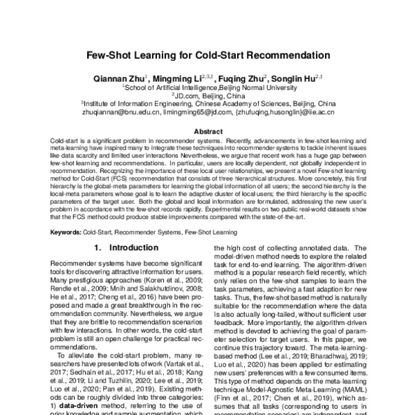 Few-Shot Learning for Cold-Start Recommendation - ACL Anthology