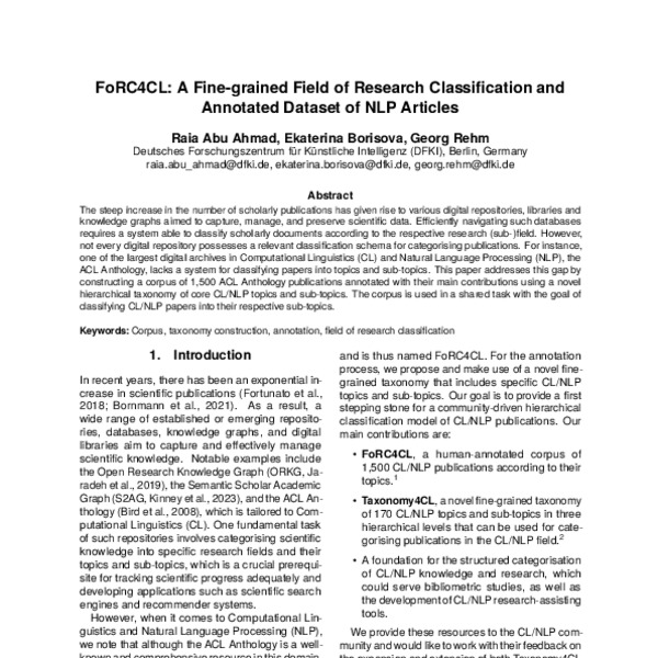 FoRC4CL: A Fine-grained Field of Research Classification and Annotated Dataset of NLP Articles ...