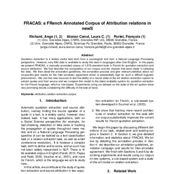 FRACAS: a FRench Annotated Corpus of Attribution relations in newS - ACL Anthology