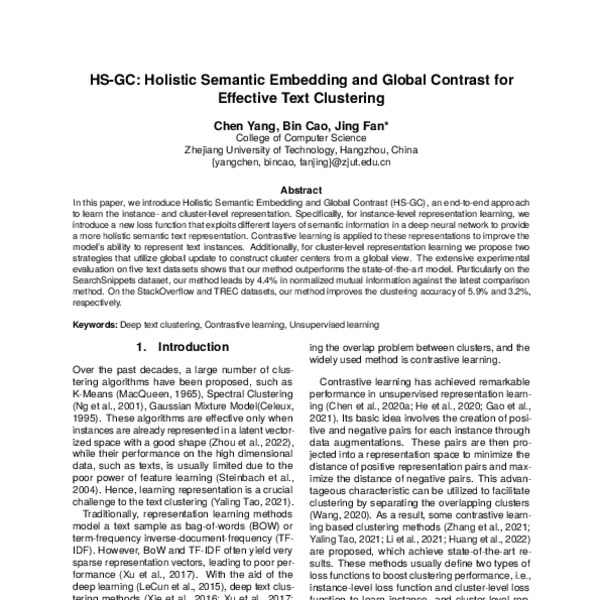 HS-GC: Holistic Semantic Embedding and Global Contrast for Effective Text Clustering - ACL Anthology