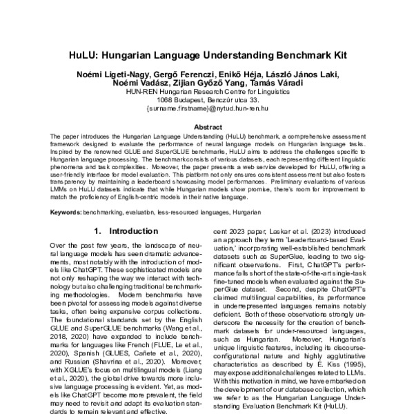 HuLU: Hungarian Language Understanding Benchmark Kit - ACL Anthology