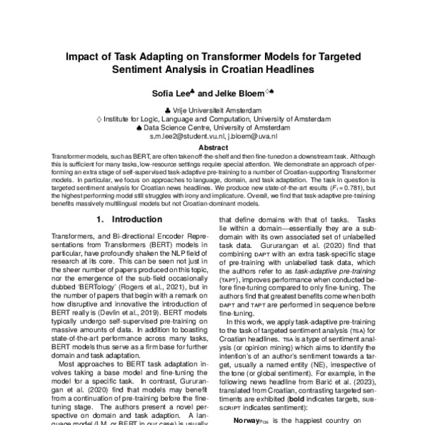 Impact of Task Adapting on Transformer Models for Targeted Sentiment Analysis in Croatian ...