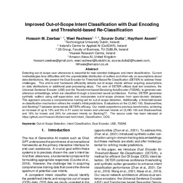 Improved Out Of Scope Intent Classification With Dual Encoding And Threshold Based Re