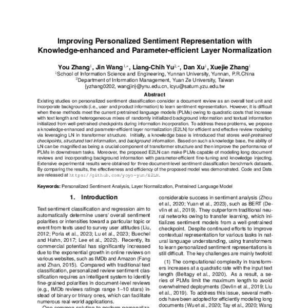 Improving Personalized Sentiment Representation with Knowledge-enhanced and Parameter-efficient ...