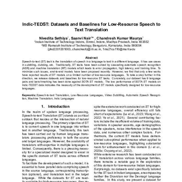 Indic-TEDST: Datasets and Baselines for Low-Resource Speech to Text Translation - ACL Anthology