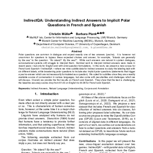 IndirectQA: Understanding Indirect Answers to Implicit Polar Questions ...
