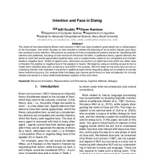 Intention and Face in Dialog - ACL Anthology