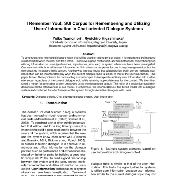 I Remember You!: SUI Corpus for Remembering and Utilizing Users’ Information in Chat-oriented ...
