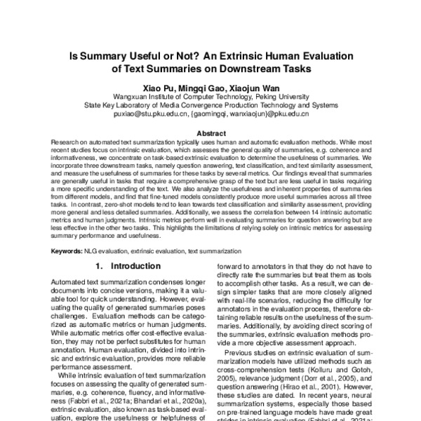 Is Summary Useful or Not? An Extrinsic Human Evaluation of Text Summaries on Downstream Tasks ...