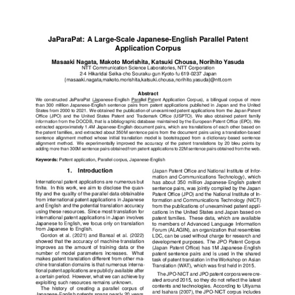 JaParaPat: A Large-Scale Japanese-English Parallel Patent Application Corpus - ACL Anthology