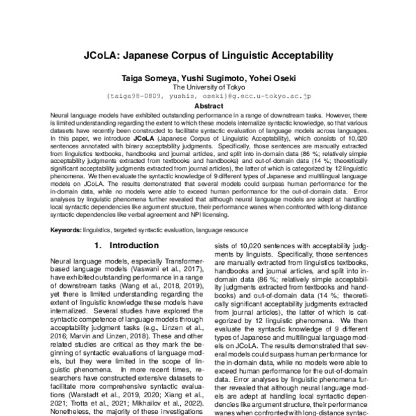JCoLA: Japanese Corpus of Linguistic Acceptability - ACL Anthology