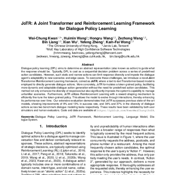 Jotr A Joint Transformer And Reinforcement Learning Framework For Dialogue Policy Learning