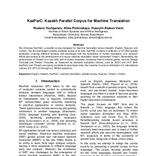 KazParC: Kazakh Parallel Corpus for Machine Translation - ACL Anthology