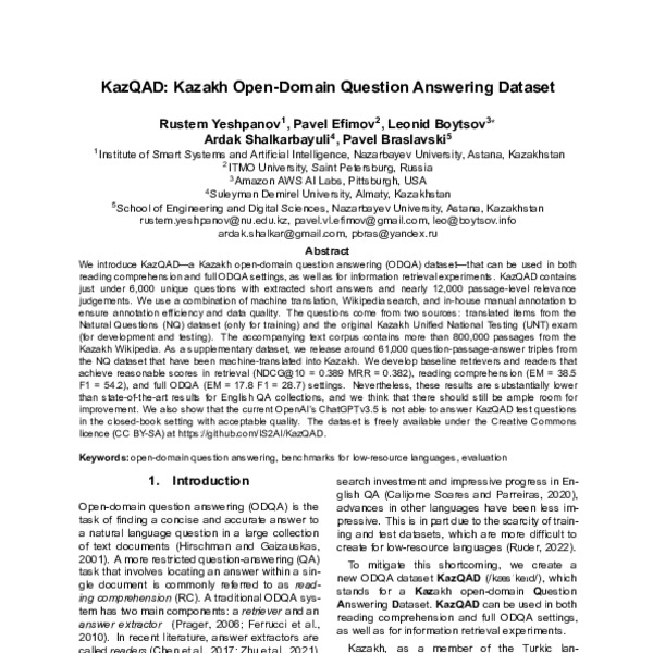 KazQAD: Kazakh Open-Domain Question Answering Dataset - ACL Anthology