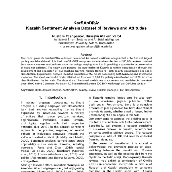 KazSAnDRA: Kazakh Sentiment Analysis Dataset of Reviews and Attitudes - ACL Anthology