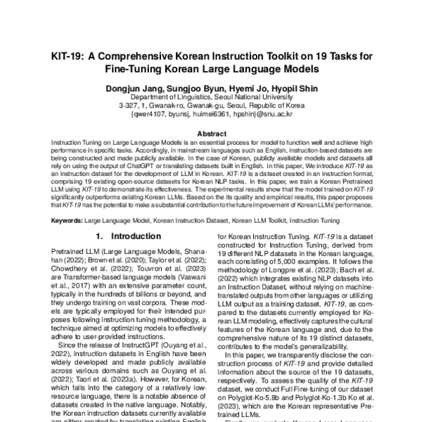 KIT-19: A Comprehensive Korean Instruction Toolkit on 19 Tasks for Fine ...