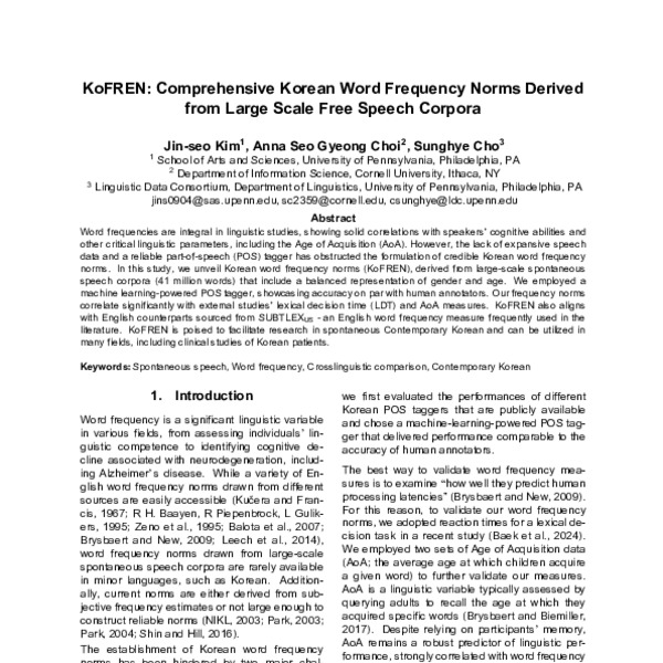 KoFREN: Comprehensive Korean Word Frequency Norms Derived from Large Scale Free Speech Corpora ...