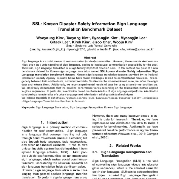 Korean Disaster Safety Information Sign Language Translation Benchmark ...