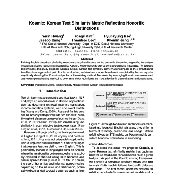 Kosmic: Korean Text Similarity Metric Reflecting Honorific Distinctions - ACL Anthology